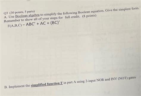 solved q3 30 points 5 parts a use boolean algebra to