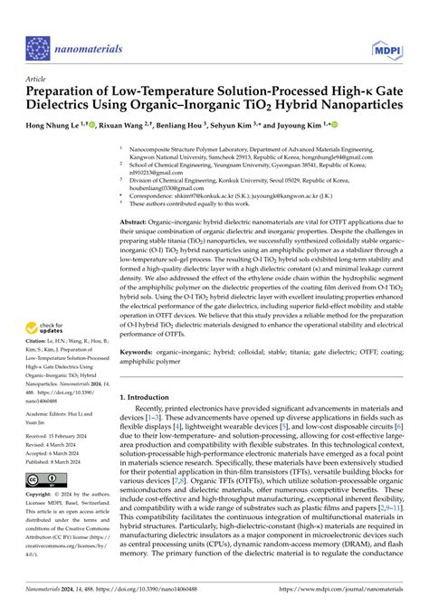 Pdf Preparation Of Low Temperature Solution Processed High κ Gate Dielectrics Using Organic
