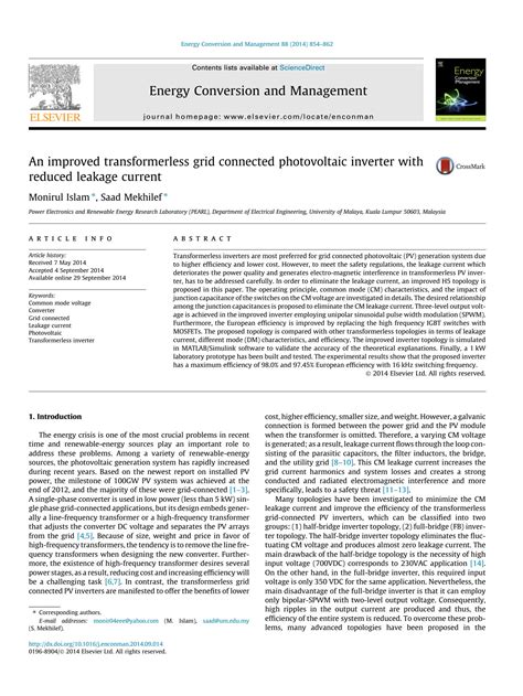 Solution 2014 324 An Improved Transformerless Grid Connected Photovoltaic Inverter With Reduced