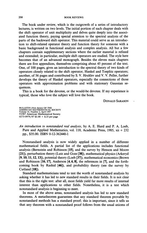 Pdf Review A E Hurd And P A Loeb An Introduction To Nonstandard Real Analysis