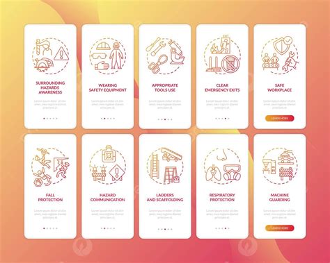 Onboarding Mobile App Page Screen For Workplace Safety With Set Of Conceptual Ideas Vector