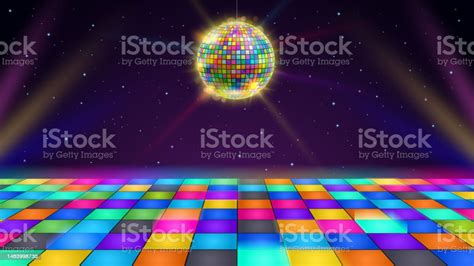 디스코 댄스 플로어 Led 사각형 그리드 빛나는 바닥 디스코 공 별이 빛나는 밤하늘 벡터 배경 그림이 있는 복고풍 파티 장면 디스코 춤에 대한 스톡 벡터 아트 및 기타