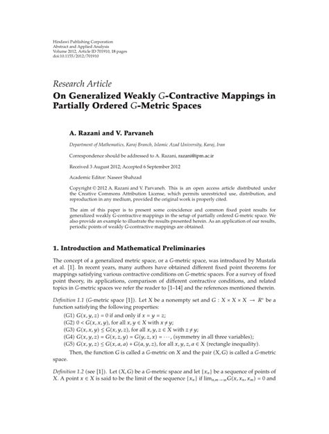 Pdf On Generalized Weakly G Contractive Mappings In Partially Ordered G Metric Spaces
