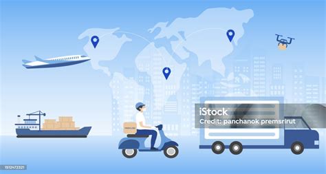 글로벌 배달 기술 개념 비즈니스 물류 트럭 드론 비행기 오토바이 벡터 일러스트로 온라인 배송 공급망에 대한 스톡 벡터 아트 및