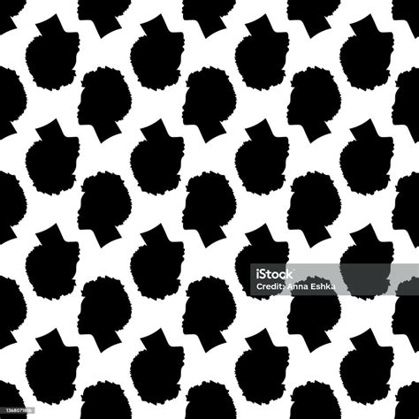 블랙 여성 실루엣 얼굴 프로필 비네팅 프로필에 아프로 여자 흰색 배경에 손으로 그린 벡터 원활한 패턴 초대장 인사말 카드 빈티지