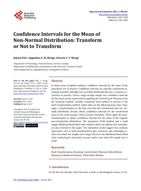 PDF Confidence Intervals For The Mean Of Non Normal Distribution Transform Or Not To Transform