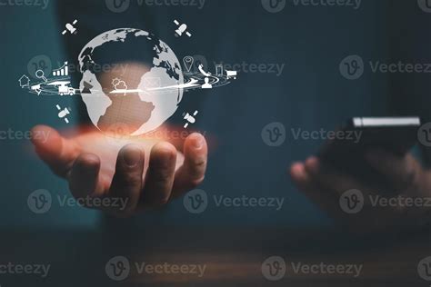Man Using Mobile Phone And Holding Global Network Connection Big Data Analytics And Business