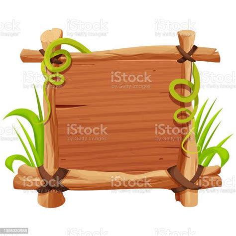 막대기의 프레임 흰색 배경에 고립 된 만화 스타일의 잔디와 리아나로 장식 된 나무 판자 테두리 정글 패널 질감과 상세한 게임 자산 메뉴 벡터 일러스트레이션 갈색에 대한 스톡