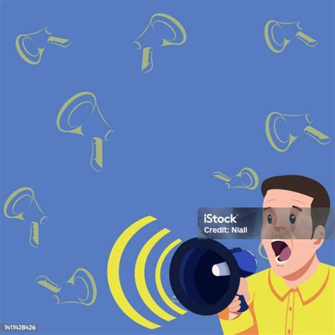 멋진 새로운 발표를하는 메가폰을 통해 이야기하는 사업가 Bullhorn에서 말하는 남자 그림 화려한 늦은 광고를 생산합니다 개념에 대한 스톡 벡터 아트 및 기타 이미지