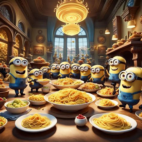 Group Of Minions Characters Engaging In A Lively Pasta Feast Ai