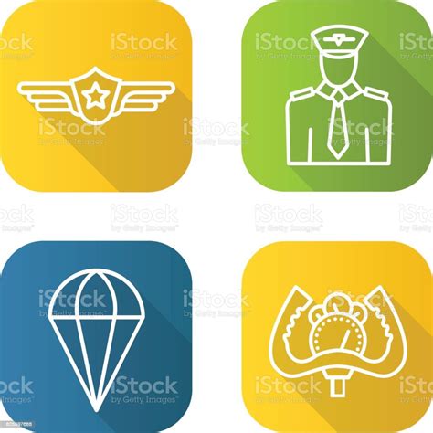 파일럿 평면 선형 긴 그림자 아이콘 설정합니다 시험 레이블 항공기 제어 휠 낙하산 기호 벡터 라인 일러스트입니다 공항에 대한 스톡 벡터 아트 및 기타 이미지 Istock