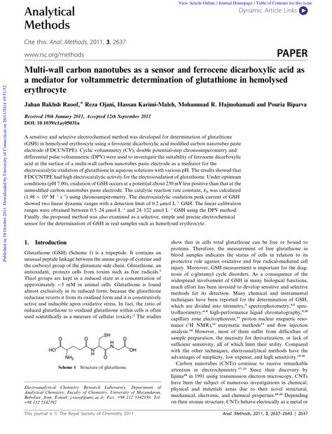 Pdf Multi Wall Carbon Nanotubes As A Sensor And Ferrocene Dicarboxylic Acid As A Mediator For