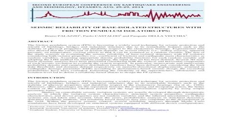 Pdf Seismic Reliability Of Base Isolated · Seismic Reliability Of Base Isolated Structures