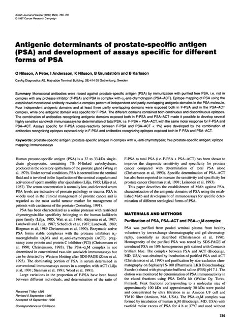 Pdf Antigenic Determinants Of Prostate Specific Antigen Psa And