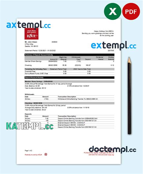 Sample Australia BECU Bank Statement Easy To Fill Template In Excel And PDF Format Pages Download