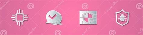 Set Paper Cut Processor With Microcircuits Cpu Check Mark In Speech Bubble Shield Brick Wall