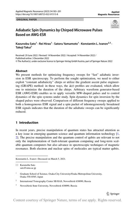 Adiabatic Spin Dynamics By Chirped Microwave Pulses Based On Awg Esr