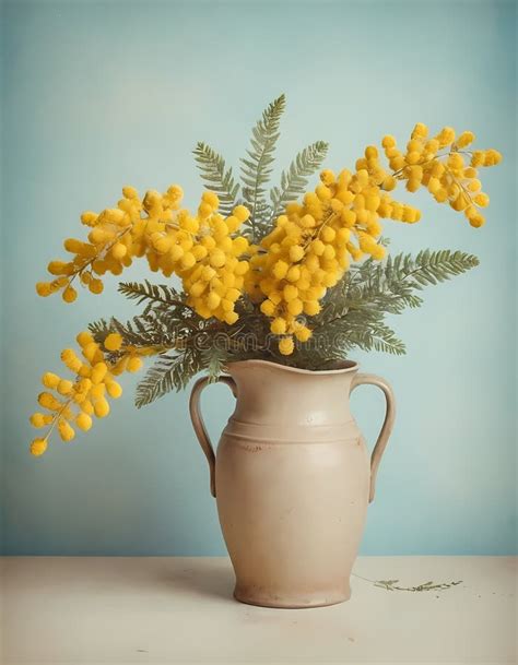 Elegant Mimosa Flowers On Soft Pastel Background With Copy Space Stock