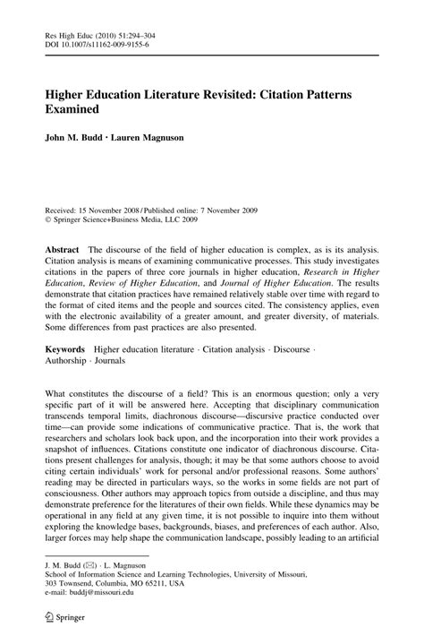 Pdf Higher Education Literature Revisited Citation Patterns Examined