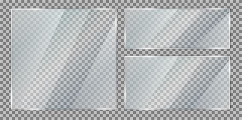 투명 한 배경에 유리 플레이트 를 설정 투명 유리 쇼케이스 직사각형 프레임에 현실적인 투명 창 모형 눈부심과 빛 유리 질감 벡터
