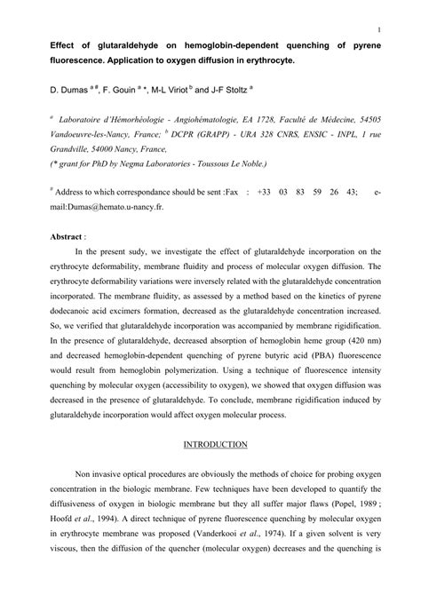 Pdf Effect Of Glutaraldehyde On Hemoglobin Dependent Quenching Of
