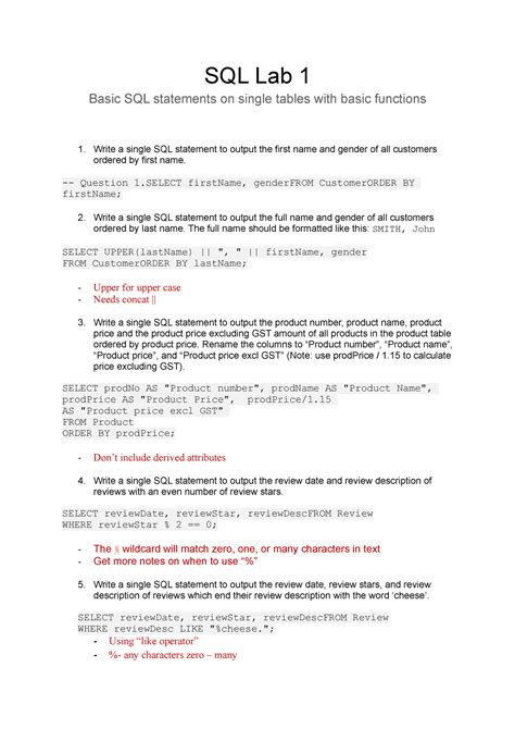 Sql Lab Quest Answers Notes Sql Lab 1 Basic Sql Statements On Single Tables With Basic