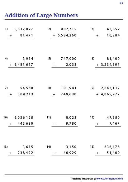 Adding Large Numbers Multi Digit Addition Worksheets