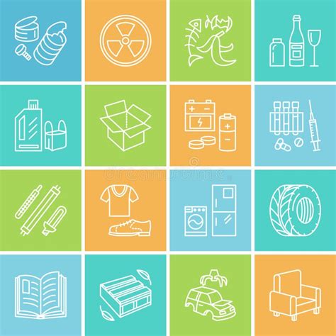 Moderna Vektorikoner Med Tunna Linjer För Avfallssortering Och återvinning Avfallshantering