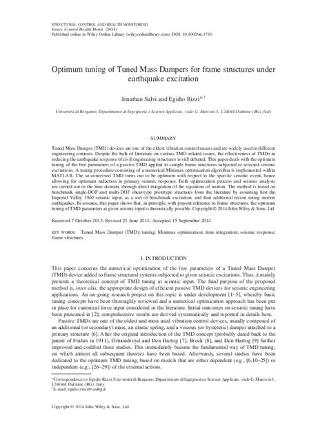 Pdf Optimum Tuning Of Tuned Mass Dampers For Frame Structures Under