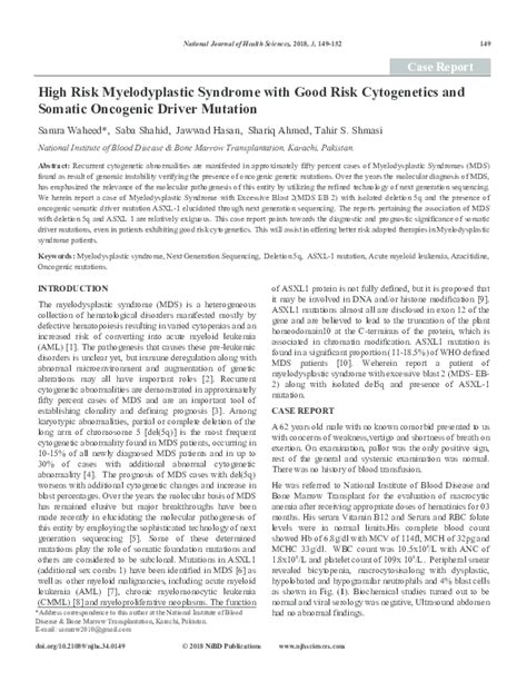 Pdf High Risk Myelodyplastic Syndrome With Good Risk Cytogenetics And
