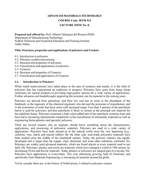 Polymers Lecture Notes 1 35 Advanced Materials Technology Course
