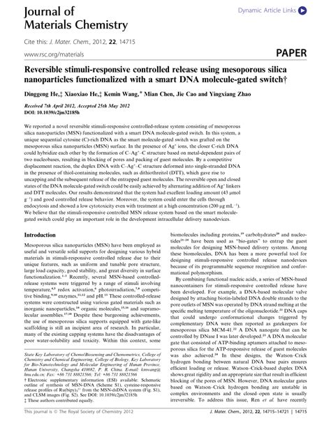 Pdf Reversible Stimuli Responsive Controlled Release Using Mesoporous Silica Nanoparticles