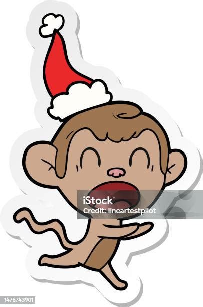 산타 모자를 쓴 원숭이의 손으로 그린 스티커 만화를 외치는 소리 귀여운에 대한 스톡 벡터 아트 및 기타 이미지 귀여운 낙서 드로잉 데칼 Istock