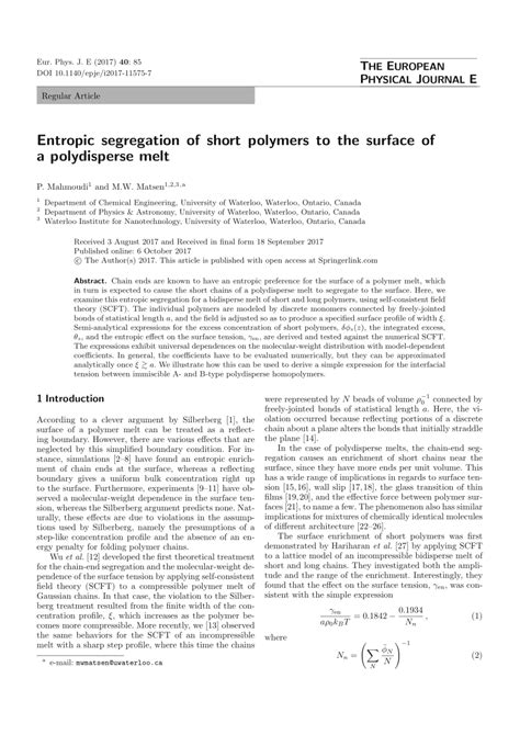 Pdf Entropic Segregation Of Short Polymers To The Surface Of A Polydisperse Melt