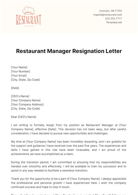 Free Restaurant Manager Resignation Letter Template To Edit Online