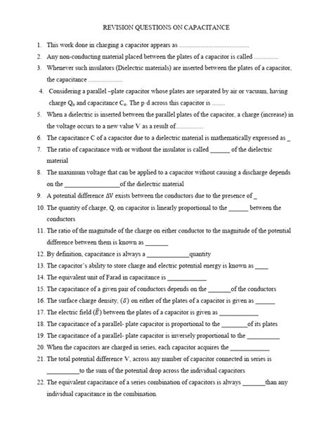 Revision Questions On Capacitance Pdf Capacitance Capacitor