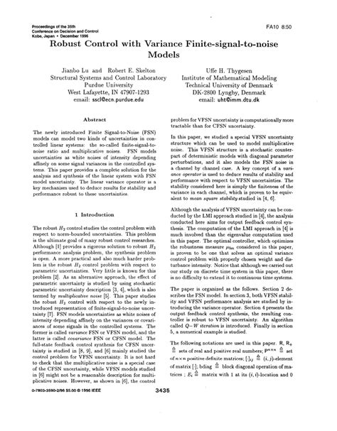 pdf robust control with variance finite signal to noise models