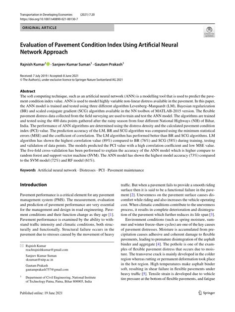 Pdf Evaluation Of Pavement Condition Index Using Artificial Neural Network Approach