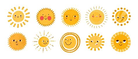 귀여운 태양 평면 벡터 일러스트를 설정합니다 노란색 유치한 써니 이모티콘 모음입니다 흰색 배경에 고립 가면과 만화 캐릭터와 웃는 태양 T 셔츠 인쇄 디자인 요소입니다