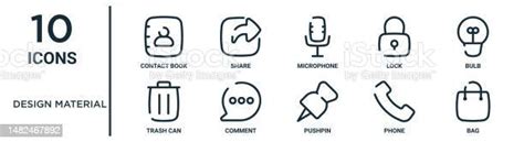 디자인 자료 개요 아이콘 세트에는 얇은 선 연락처 책 마이크 전구 코멘트 전화 가방 보고서 프리젠 테이션 다이어그램 웹 디자인을위한 쓰레기통 아이콘이 포함됩니다 0명에 대한