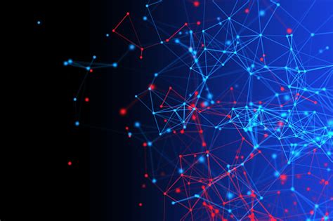 빨간색과 파란색 디지털 데이터 및 네트워크 연결 삼각형 선과 검은 배경 3d 추상 그림에 기술 개념 분야 빨강에 대한 스톡 사진 및 기타 이미지 Istock