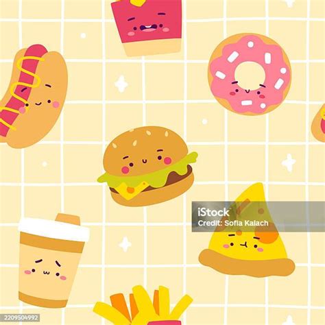 귀여운 캐릭터가 있는 패스트 푸드 패턴입니다 아이들을 위한 길거리 음식과 완벽 한 벡터 인쇄 0명에 대한 스톡 벡터 아트 및 기타 이미지 Istock