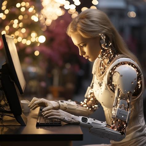 Premium Photo Human Woman Robot Touching And Working On Computer
