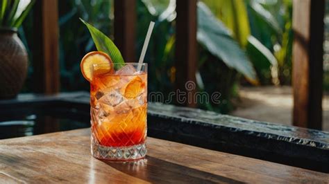 Refreshing Cocktail Standing On Wooden Table In Tropical Setting Stock