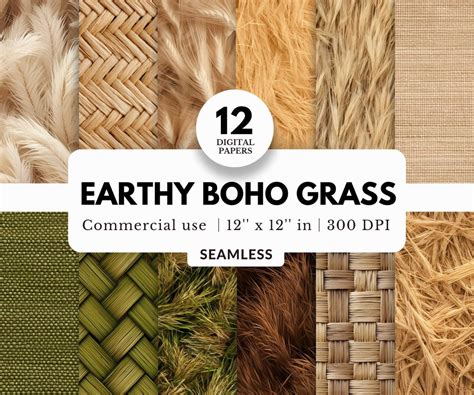 12 Earthy Boho Grass Texture Digital Papers Seamless Patterns 12x12
