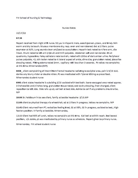 Nurses Notes Sample Mp Fvi School Of Nursing And Technology Nurses