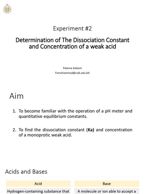Experiment 2 Determination Of The Dissociation Constant And