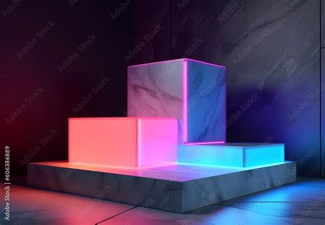 Neon Cuboid Multi Level Columns For Product Presentation With Marble Texture And Bright Colors