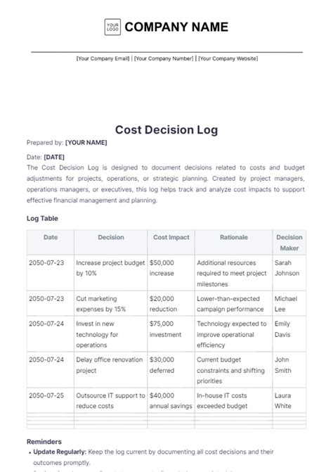 Free Cost Decision Log Template To Edit Online