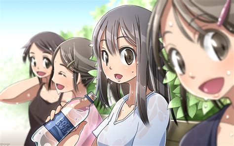 Shapoco Original Pocari Sweat Highres 4girls Bench Black Hair